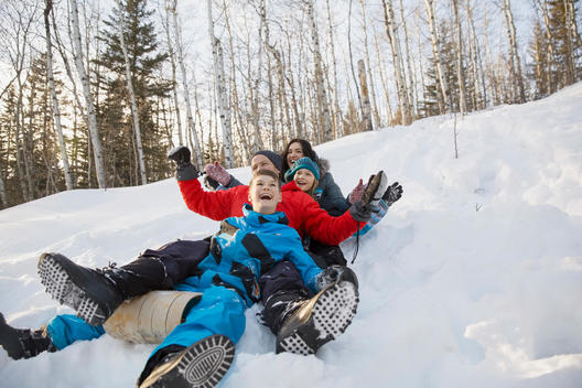 Cheerful family riding toboggan down hill - Stock Image - Everypixel