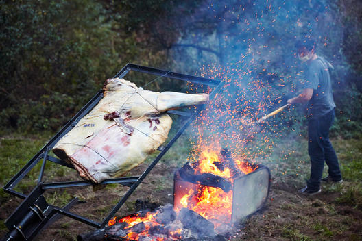 A man cooking beef over a fire - Stock Image - Everypixel